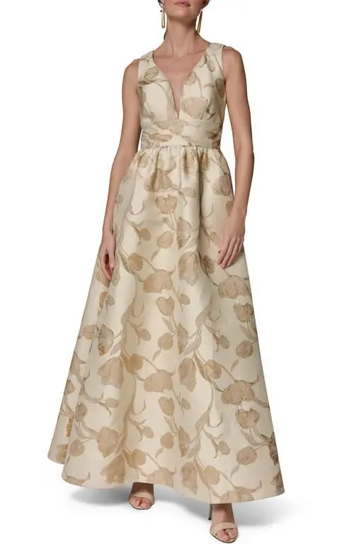 Donna Karan New York Floral Metallic Jacquard Gown - Gold Multi