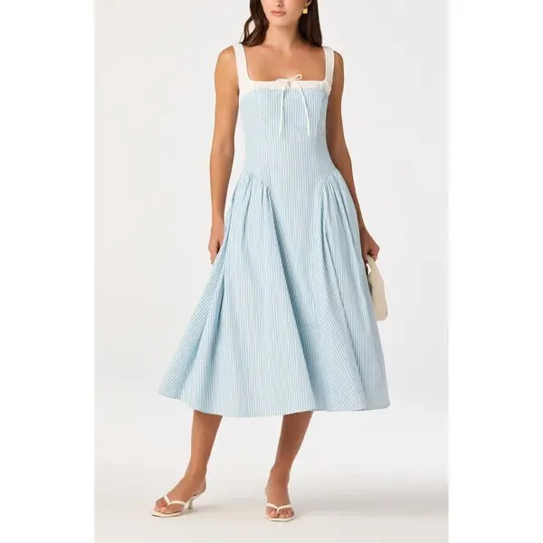Astr The Label Hazel Ticking Stripe Midi Dress - Blue Stripe