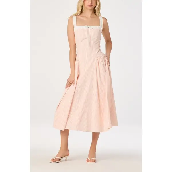 Astr The Label Hazel Ticking Stripe Midi Dress - Pink Stripe