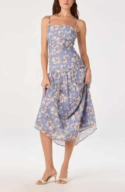 Astr The Label Ava Floral Drop Waist Midi Dress - Blue White Floral