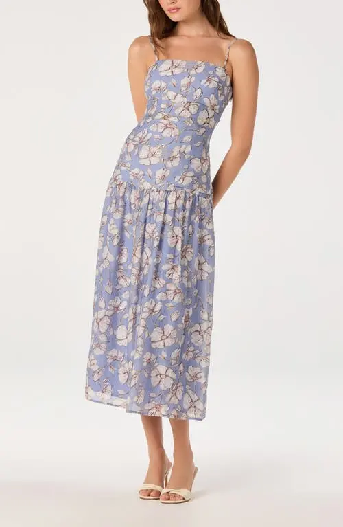 Astr The Label Ava Floral Drop Waist Midi Dress - Blue White Floral