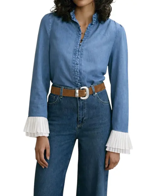 Mint Velvet Denim Contrast Cuff Blouse - Blue