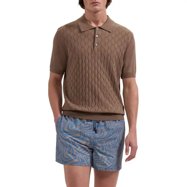 Bugatchi Cruz Wave Print Swim Trunks - Taupe