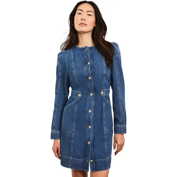 Mint Velvet Denim Puff Sleeve Mini Dress - Blue