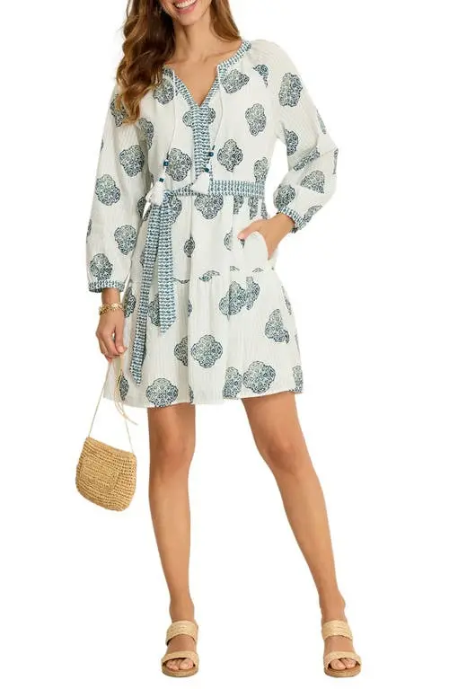Tommy Bahama Mosaic Shortes Long Sleeve Cotton Dobby Minidress - White