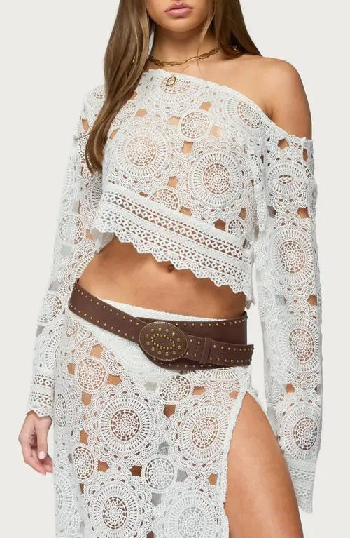 EDIKTED Milana One-shoulder Sheer Lace Crop Top - White