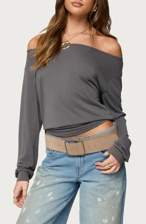 EDIKTED Nannie Oversize Off The Shoulder Top - Dark-gray