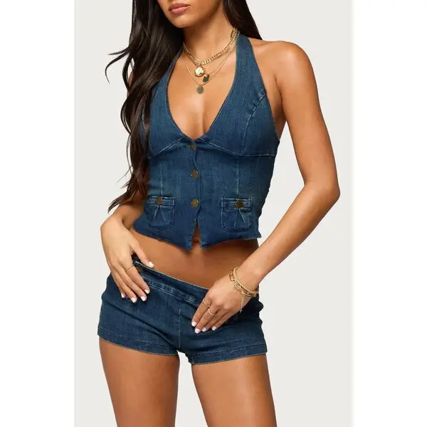 EDIKTED Sashe Denim Halter Top - Blue