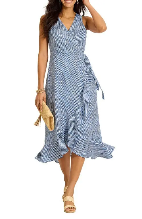 Tommy Bahama Striped Linen Wrap Midi Dress - Coastline