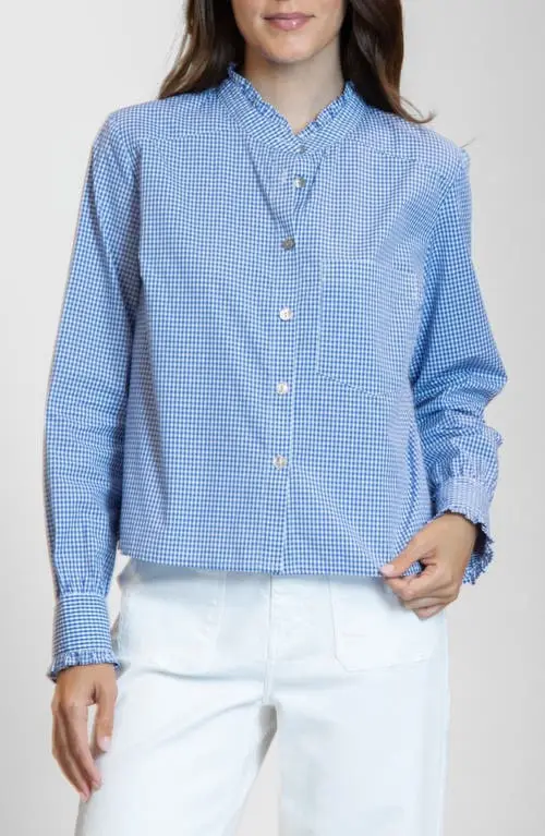 APNY Ruffle Detail Cotton Gingham Button-up Shirt - Cobalt Blue