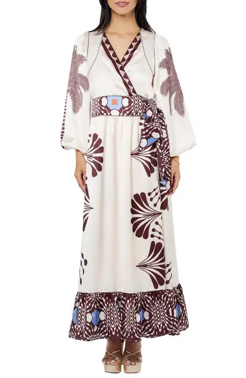 CIEBON Willow Print Long Sleeve Satin Maxi Dress - Cream Multi