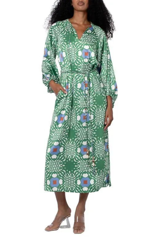 CIEBON Jardin Abstract Print Long Sleeve Satin Dress - Green Multi