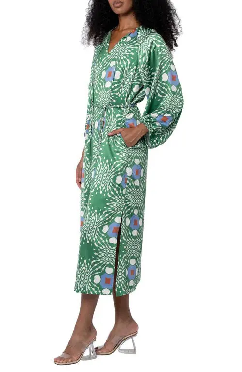 CIEBON Abstract Print Long Sleeve Satin Dress
