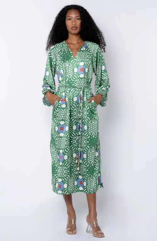 CIEBON Abstract Print Long Sleeve Satin Dress