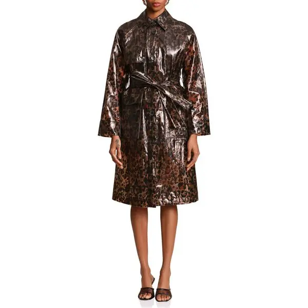 Avec Les Filles Belted Water Repellent Raincoat - Leopard