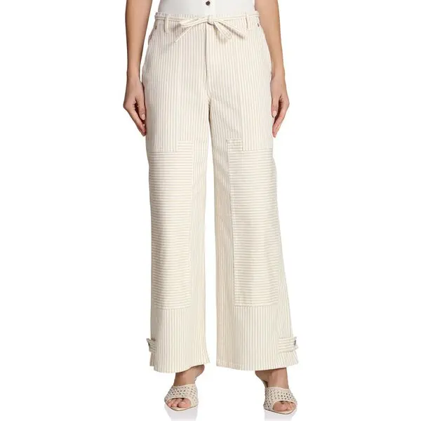 Avec Les Filles Tie Waist Patchwork Wide Leg Pants - Beige - White Stripe