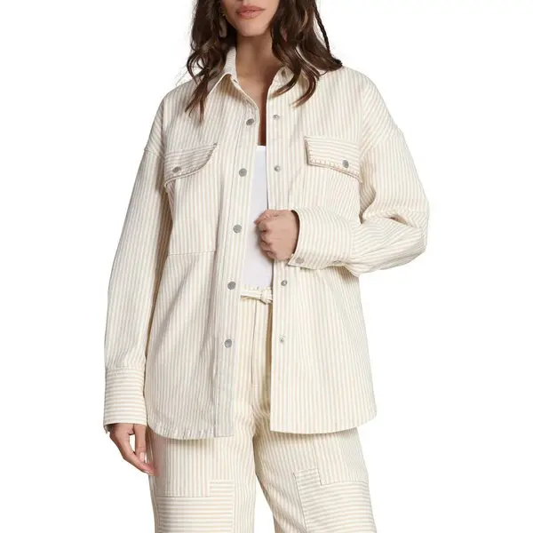 Avec Les Filles Striped Stretch Cotton Shirt Jacket - Beige - White Stripe