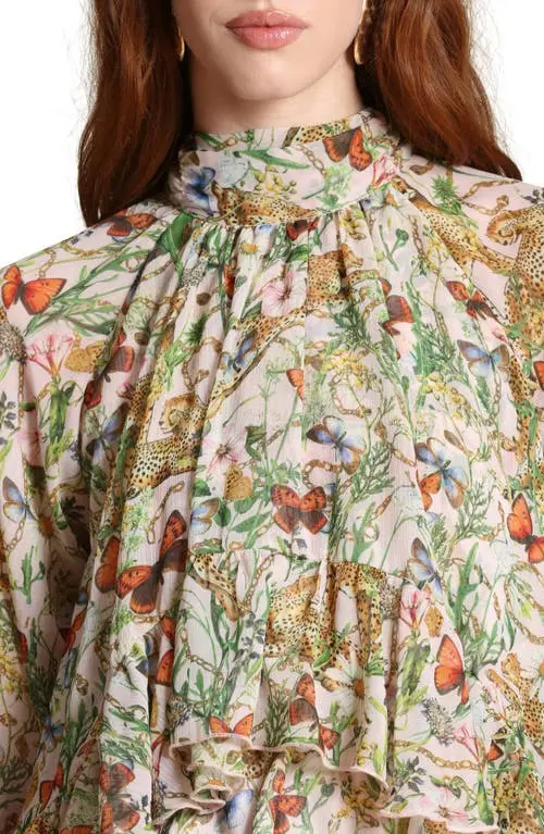 Avec Les Filles Mixed Print Tie Neck Top