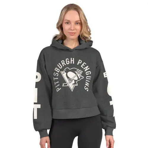 STARTER Pittsburgh Penguins Star Player Cropped Fleece Hoodie - Heather Charcoal