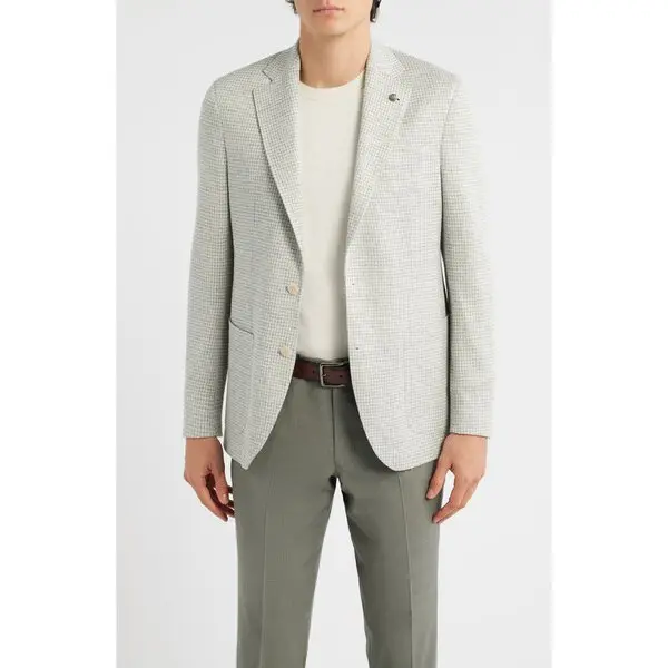 JACK VICTOR Hampton Cream & Green Houndstooth Knit Linen & Cotton Sport Coat - Sage