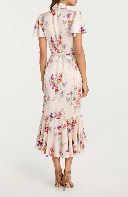 Cinq À Sept Iris Bouquet Willow Tie Neck Midi Dress - Oatmilk Multi
