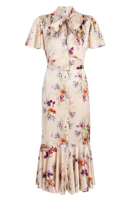 Cinq À Sept Iris Bouquet Willow Tie Neck Midi Dress - Oatmilk Multi