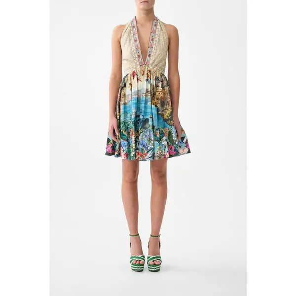 Camilla Ruffle Hem Halter Mini Dress - Bodrum Botanicals