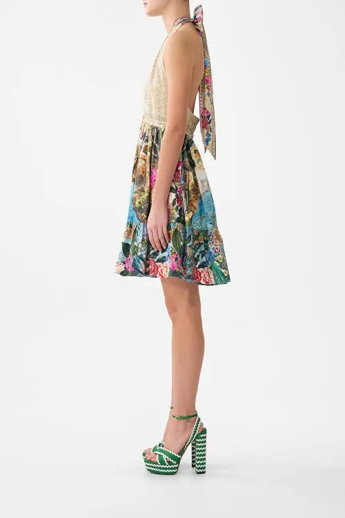 Camilla Ruffle Hem Halter Mini Dress - Bodrum Botanicals