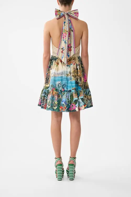 Camilla Ruffle Hem Halter Mini Dress - Bodrum Botanicals