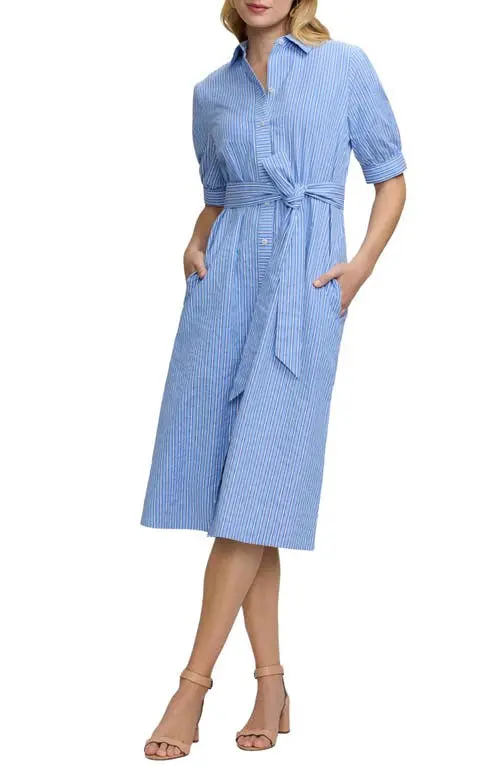 Foxcroft Esther Belted Stripe Cotton Shirt Dress