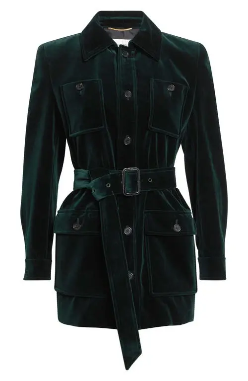 Saint Laurent Belted Cotton Velveteen Jacket - Emeraude