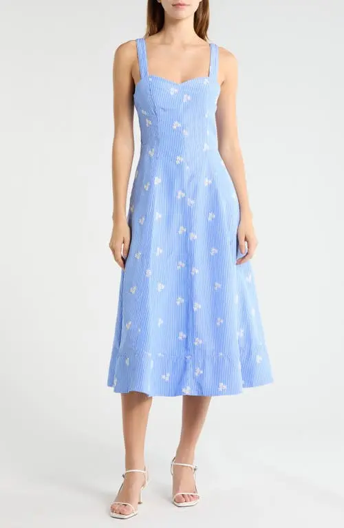 Avec Les Filles Floral Embroidery Stripe Midi Dress - Blue Stripe