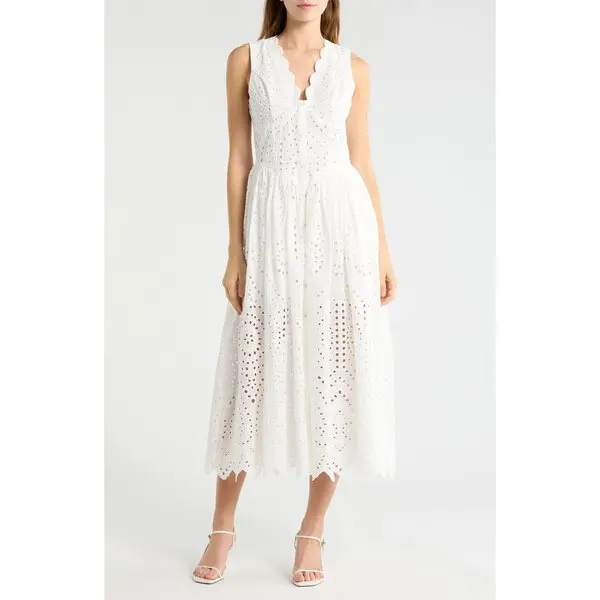 Avec Les Filles Scallop Neck Cotton Eyelet Midi Dress - White
