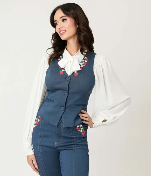 Unique Vintage 1940s Embroidered Button-up Vest - Denim W/ Strawberries