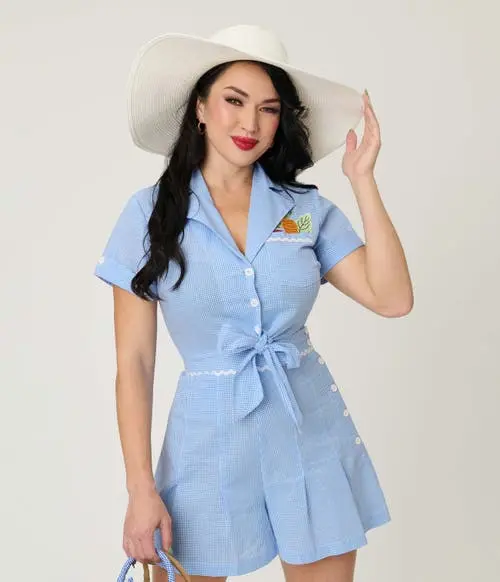 Unique Vintage Shirley Crop Top - Blue Gingham W/ Embroidery