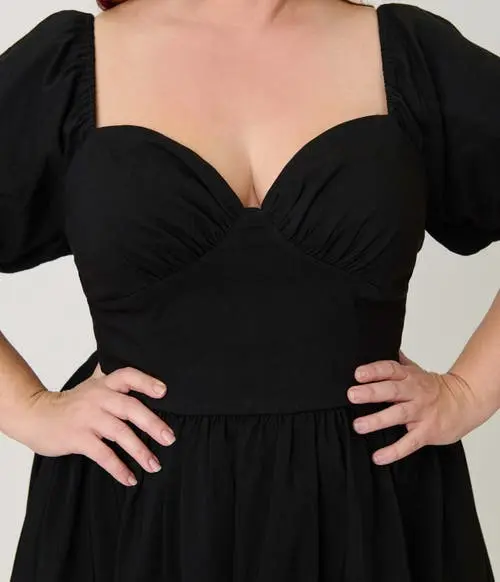 Unique Vintage Sweetheart Puff Sleeve Swing Dress - Solid Black