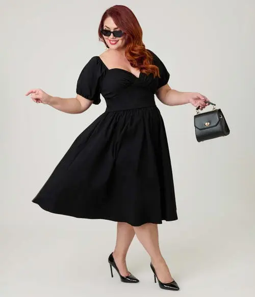 Unique Vintage Sweetheart Puff Sleeve Swing Dress - Solid Black