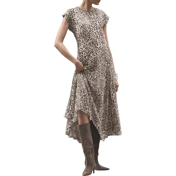 Mint Velvet Leopard Print Cap Sleeve Midi Dress - Camel