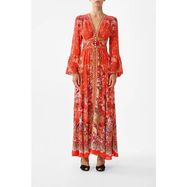 Camilla Shaped Waistband Maxi Dress With Ruffle Sleeve - Olé Olé