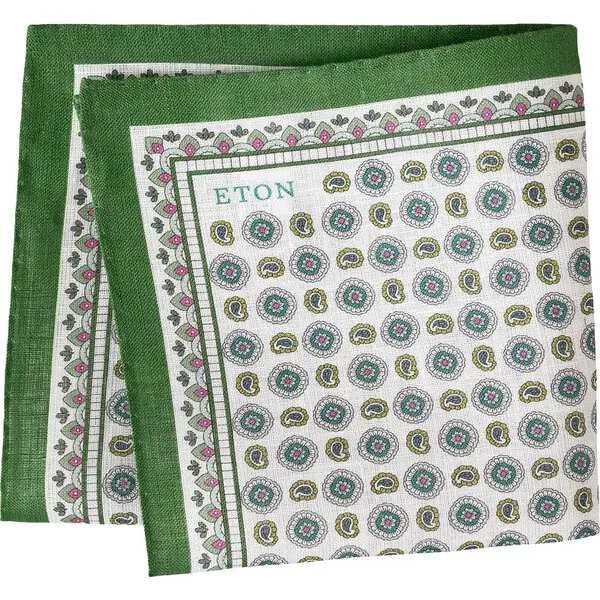 Eton Geometric Print Linen Pocket Square - Medium Green