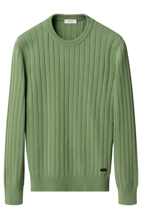 Eton Rib Knit Cotton Crewneck Sweater - Light Green