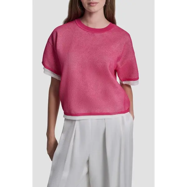 Dkny Boxy Mesh Overlay Top - Hot Pink/ivory