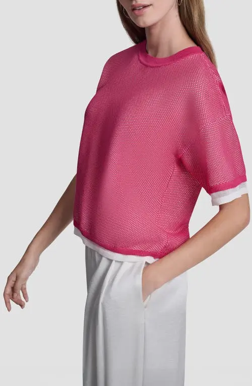 Dkny Boxy Mesh Overlay Top - Hot Pink/ivory