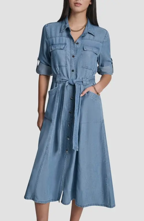 Dkny Tie-waist Chambray Midi Shirtdress