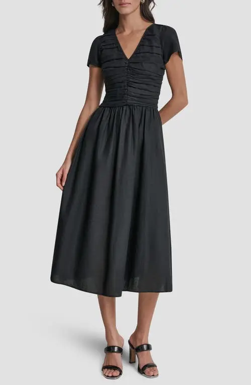 Dkny Ruched Bodice Linen Blend Midi Dress - Black