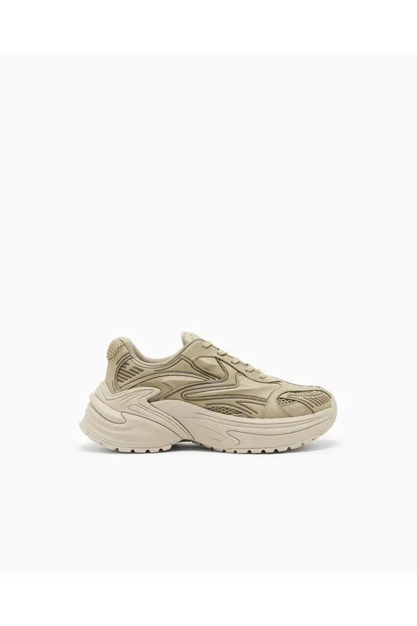 Emporio Armani Suede And Mesh Sneakers - Natural
