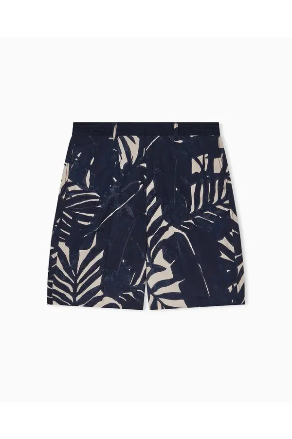 Emporio Armani Bermuda Shorts In All-over Patterned Linen Blend - Natural