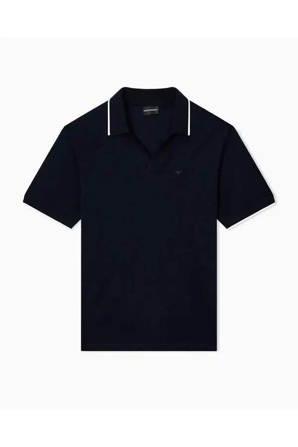Emporio Armani V-neck Polo Shirt In Piqu - Navy
