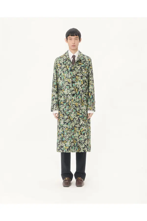 Valentino Garavani Single-breasted Coat In Cotton Drill With Papier Floral Print - Black