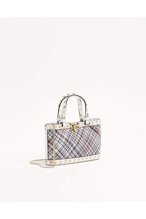 Valentino Garavani Rockstud Mini Shopping Bag In Woven Fabric - White